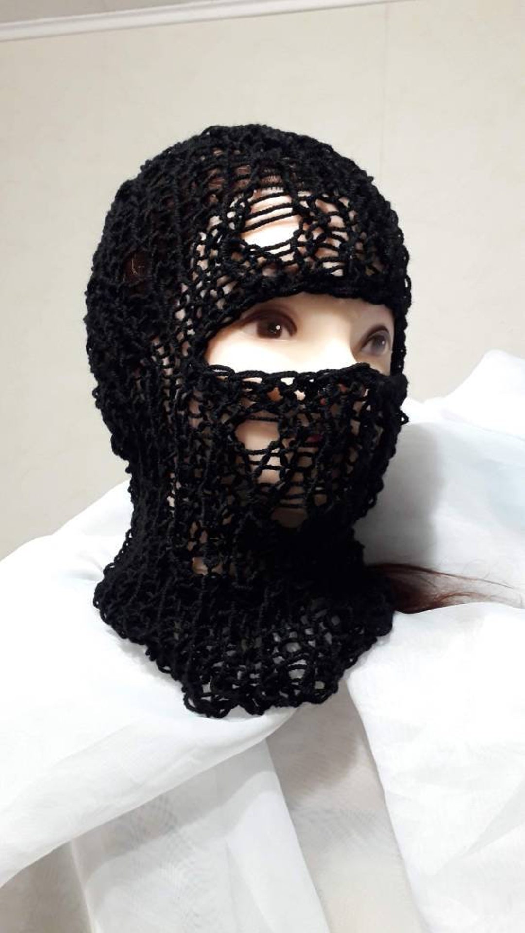 Wool Blend Black Balaclava Mask, Sheer Knit Helmet, Funny Balaclava ...