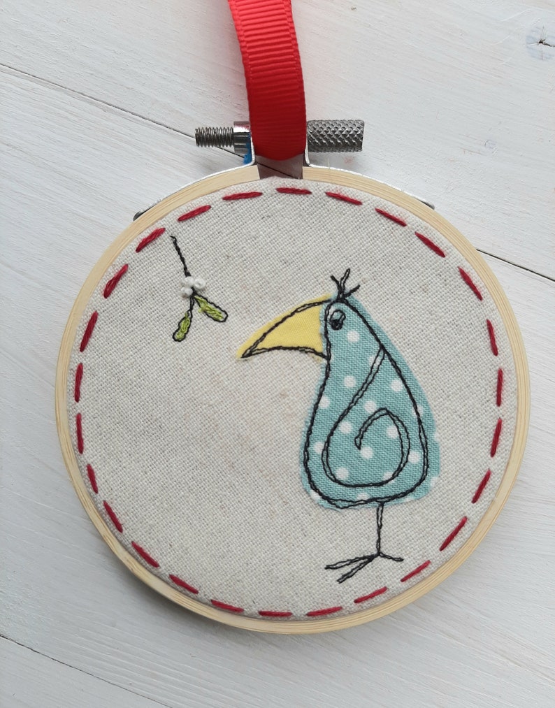 Embroidered Christmas Quirky Bird Hoop Bauble Tree Decoration by Sarah ...