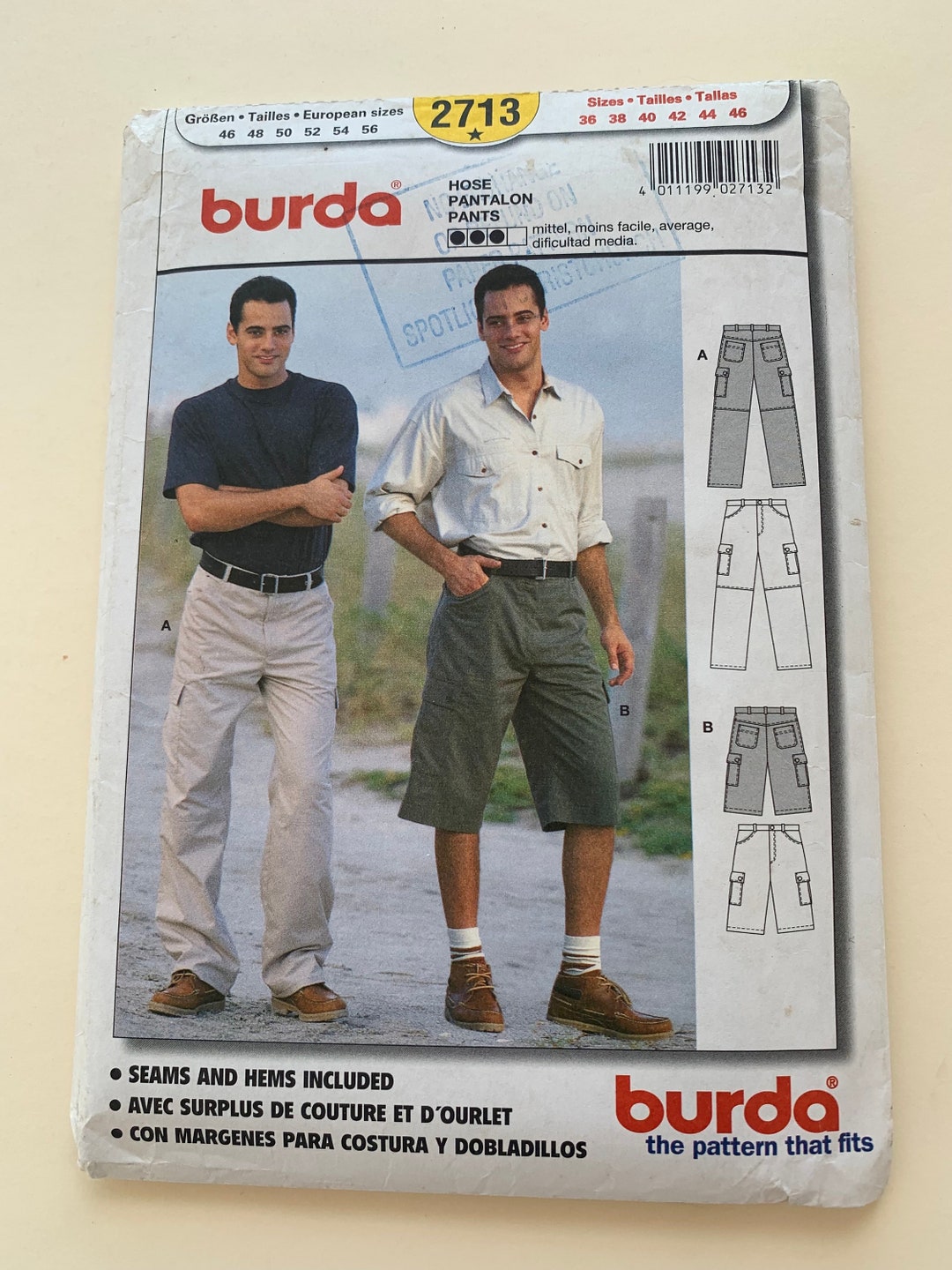 Burda 2713 Mens Cargo Pants and Shorts, Semi Fitted, Sizes 36 38 40 42 ...