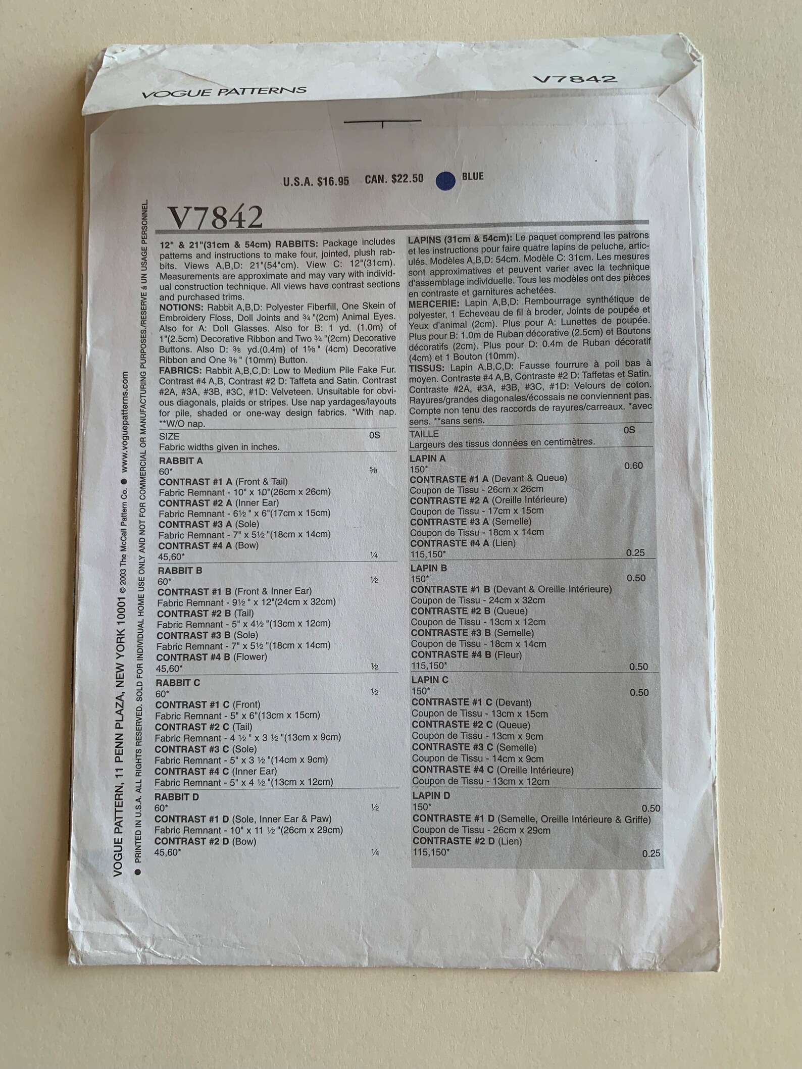 Vogue Craft V7842, Rabbit Pattern, Linda Carr, Uncut, Four Jointed ...