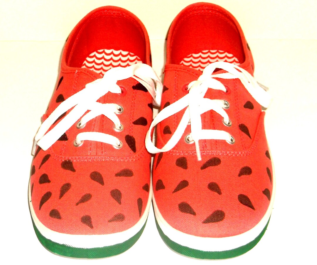 Hand Painted Watermelon Shoes, Lace Up Sneakers, Women Canvas Shoes ...