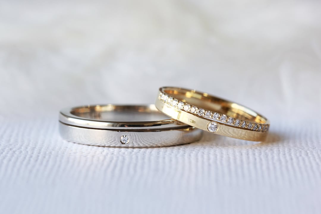 Two Lined Sparkly Designed Wedding Band Set, Wedding Ring Set, Jewelry ...