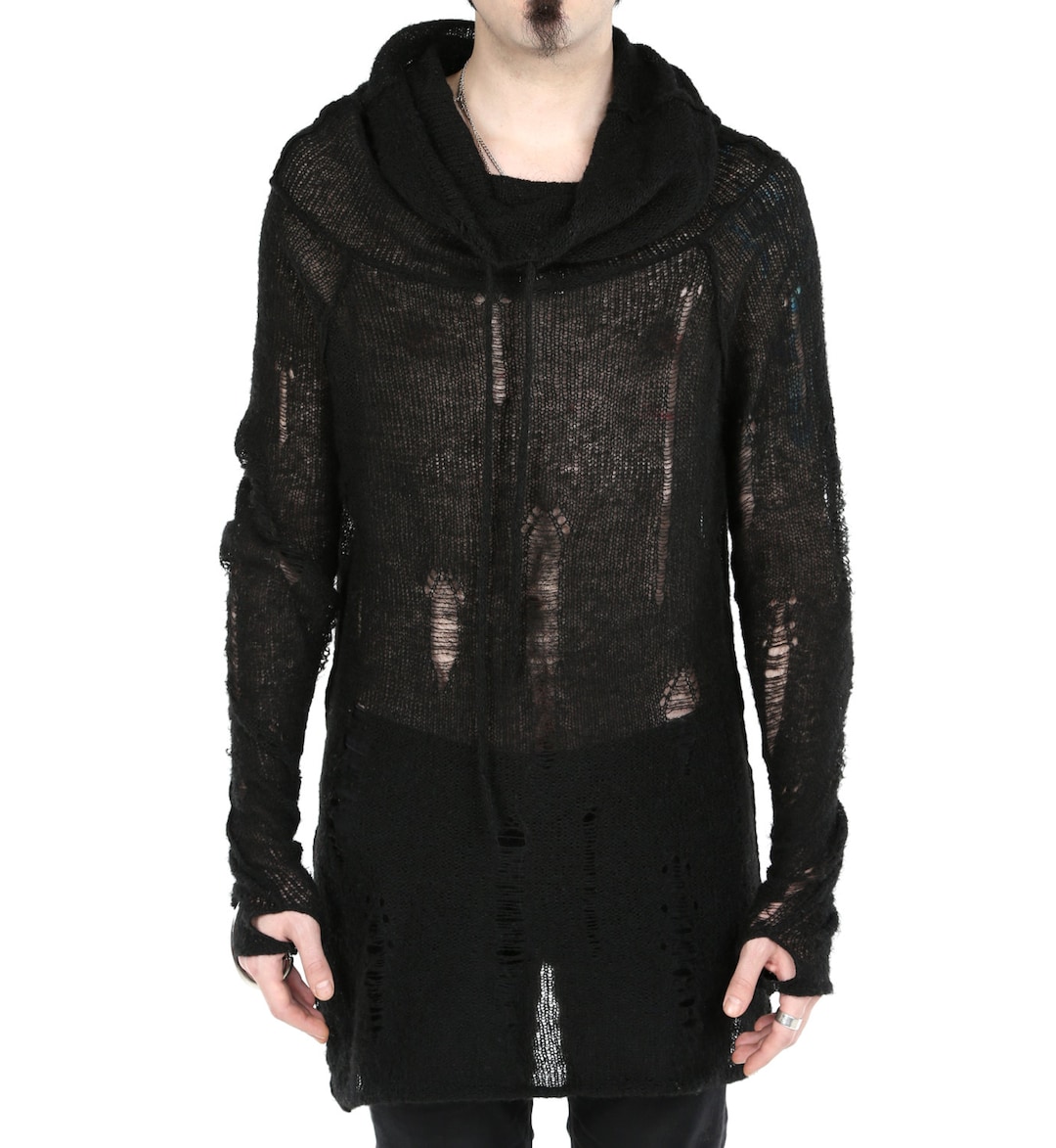 Mens Knit Black Gothic Jumper, Mohair Knitted Punk Sweater, Cowl Hoodie ...