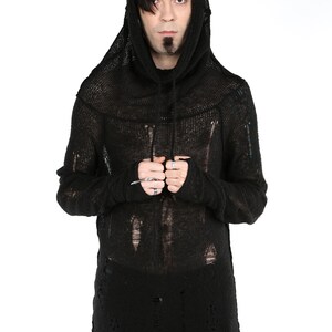 Mens Knit Black Gothic Jumper, Mohair Knitted Punk Sweater, Cowl Hoodie ...