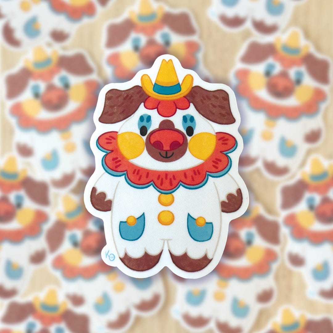 Silly Clown Puppy Sticker - Vinyl Decal - Festive Clown and Puppy ...