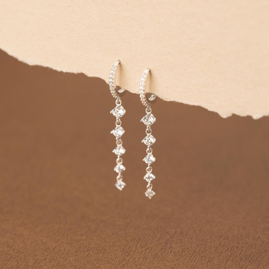 Graduated Dimaond Drop Earrings,pave Huggie Hoops With Long Diamond ...