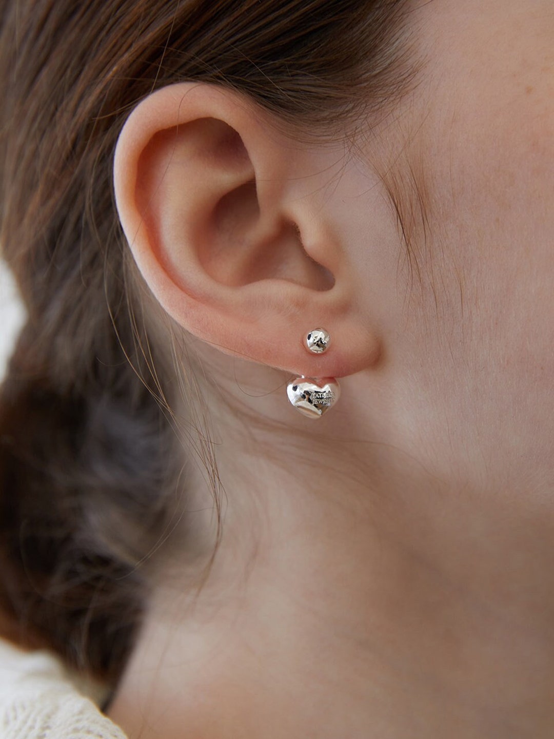 Mini Ball and Puff Heart Ear Jackets in Sterling Silver,heart Front ...