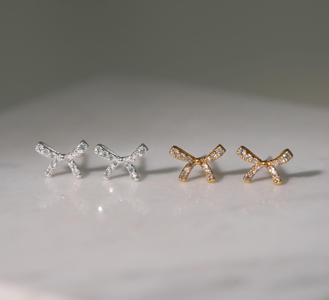 Pave Bow Stud Earrings in Sterling Silver,dainty Ribbon Earrings,gold ...