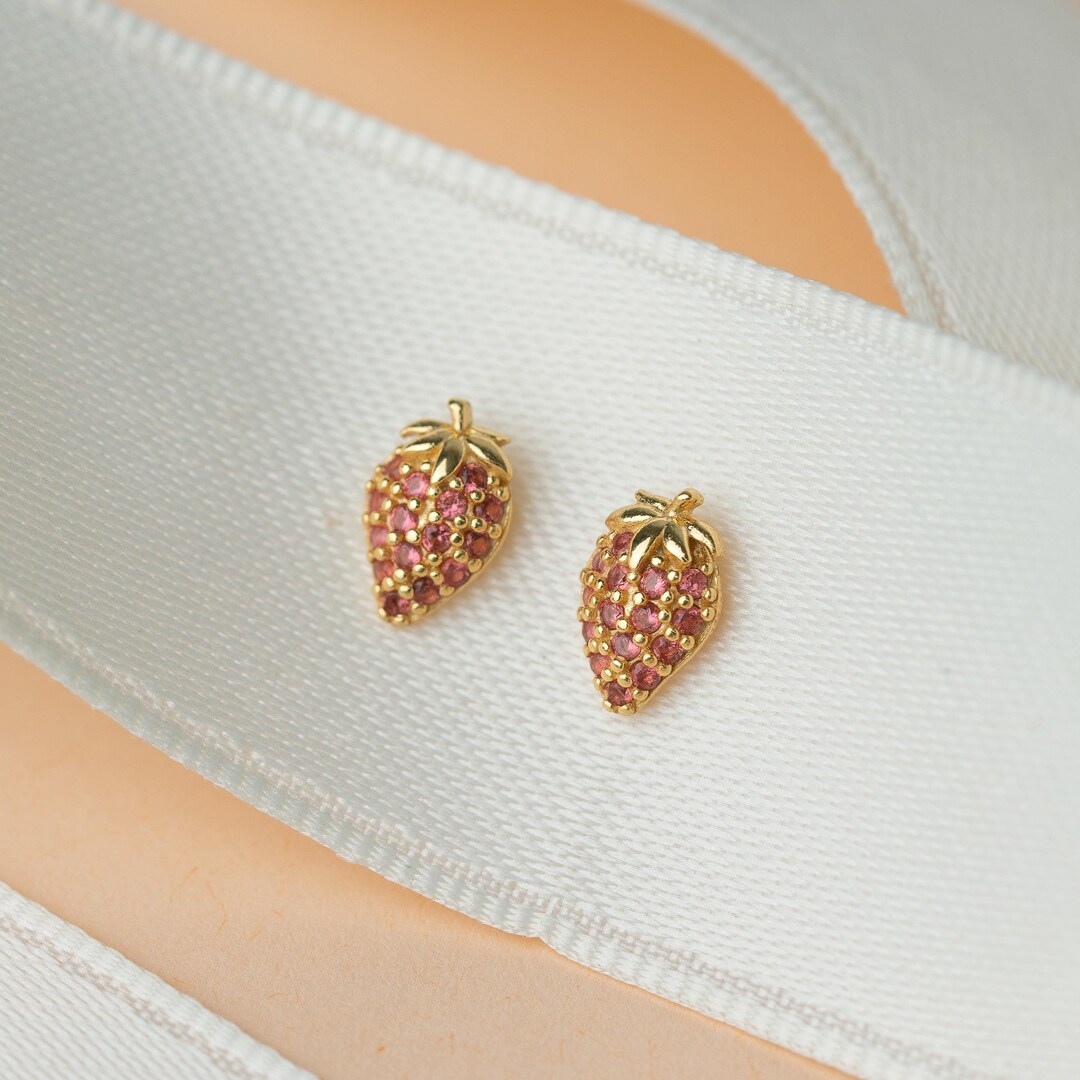 CZ Strawberry Stud Earrings in Sterling Silver,dainty Strawberry ...