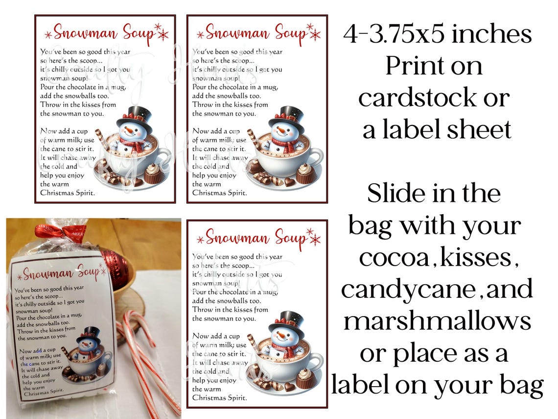 3 Types of DIY Snowman Soup Printable, Bag Topper, Holiday Treat Bag ...