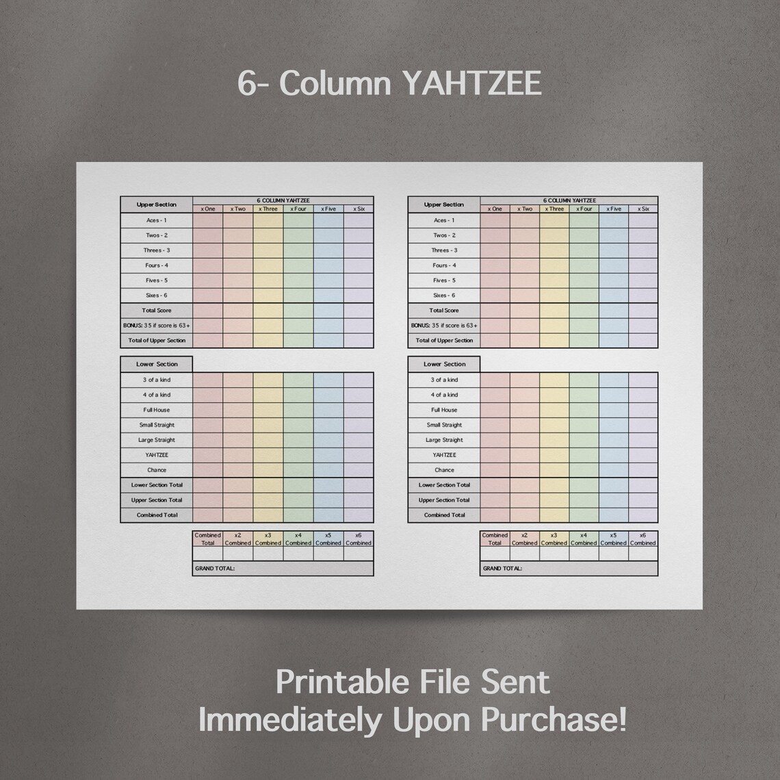 Yahtzee Board Printable Six Column Color Coded - Etsy