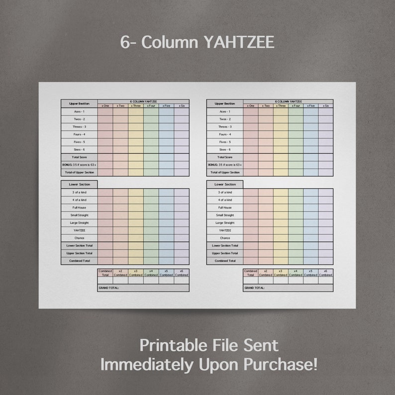 Yahtzee Board Printable - Six Column - Color Coded - Etsy