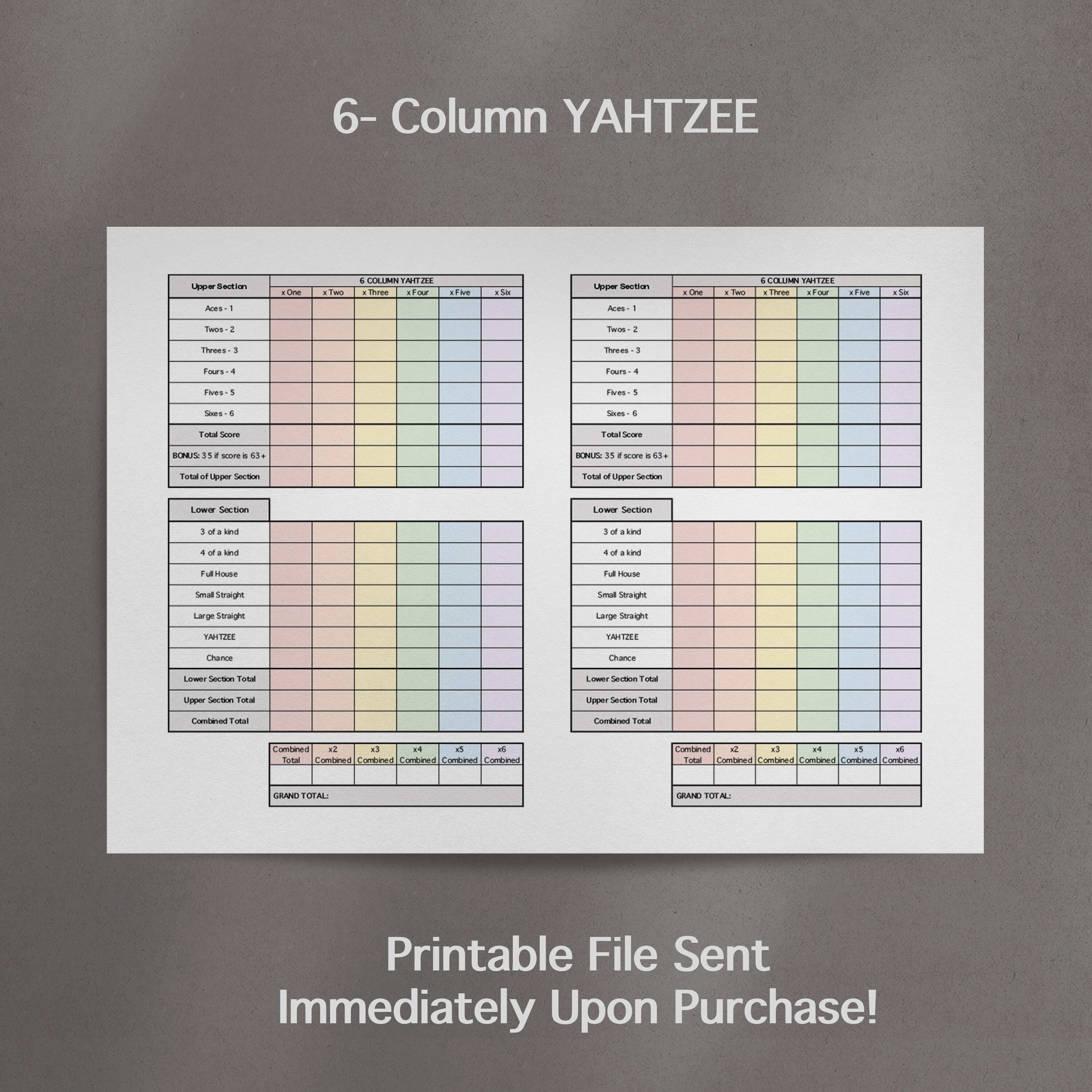 Yahtzee Board Printable - Six Column - Color Coded - Etsy