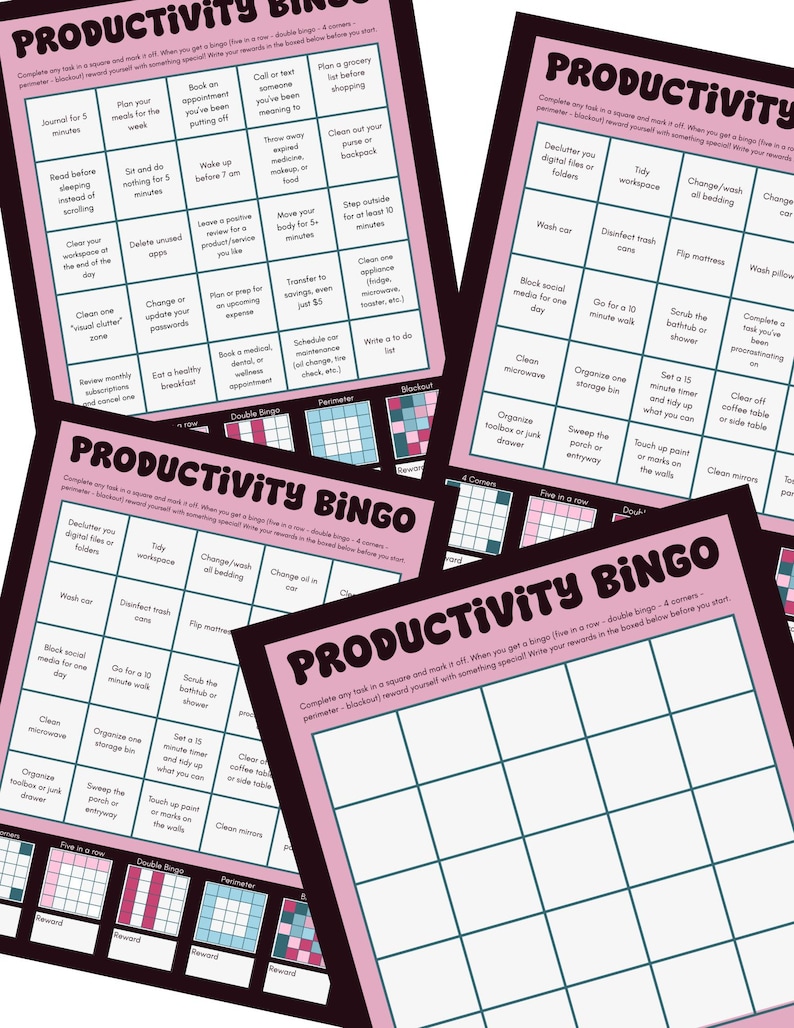 Productivity Bingo Printable – Prefilled & Blank Cards (digital ...
