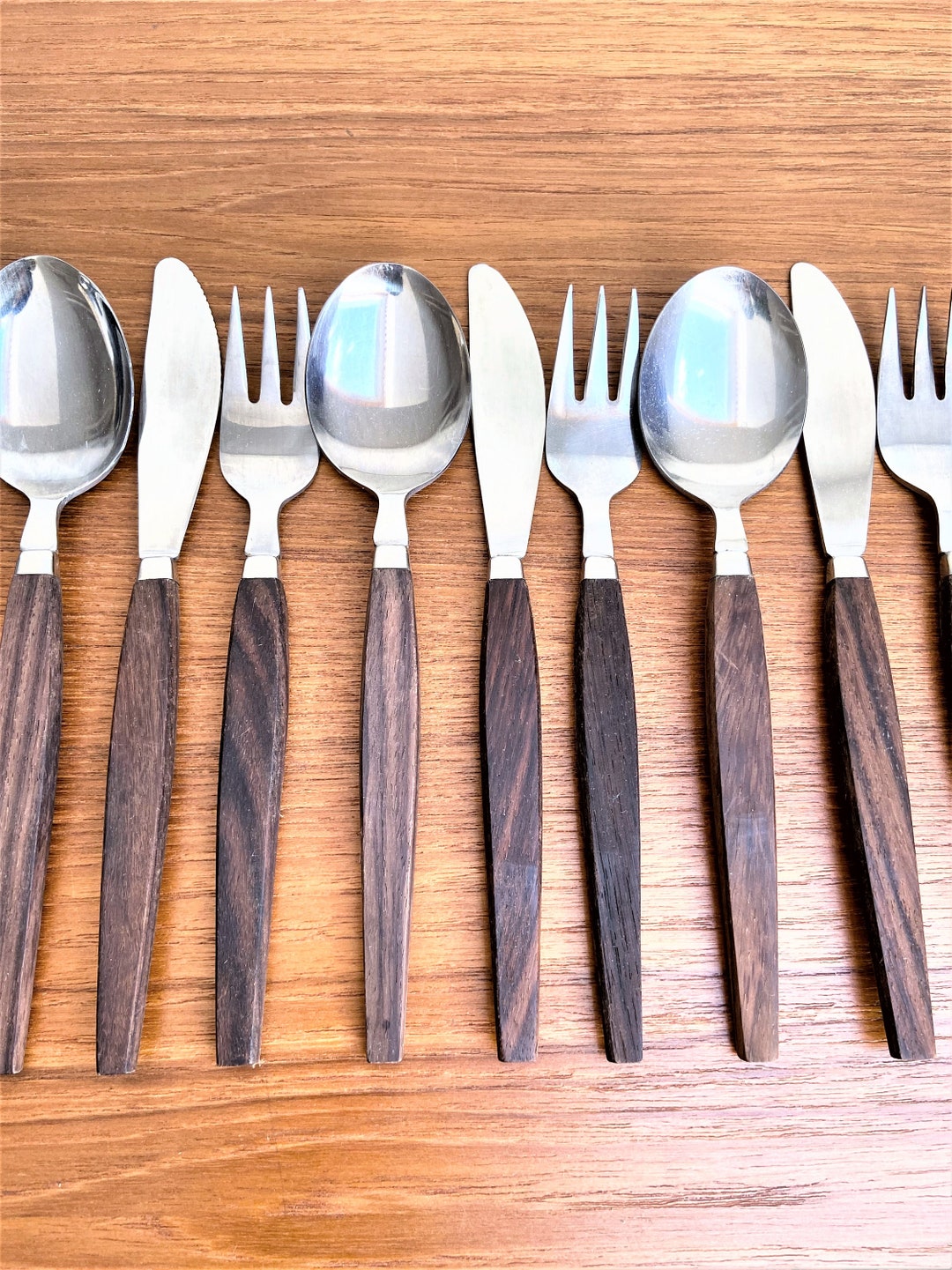 ONE Set of Mid Century Modern Wooden Teak Utensil Dinner Knife Fork ...