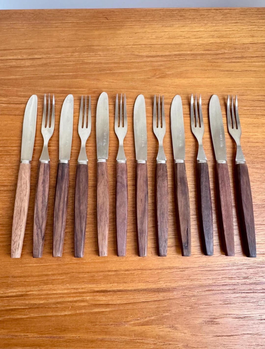 Set of 6 Boxed Mid Century Modern Wooden Teak Utensil Knife Fork ...