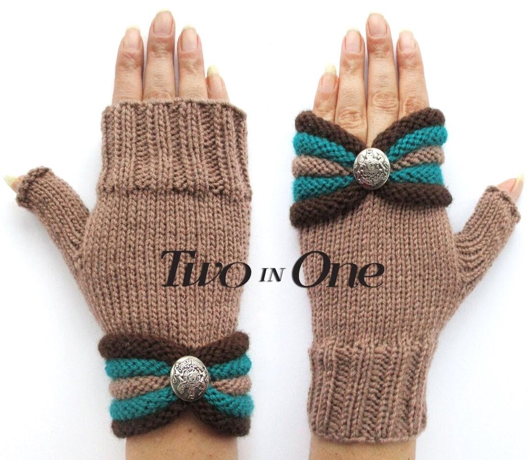 Two-in-one Knitted Fingerless Gloves: Reversible Wool Brown Hand ...