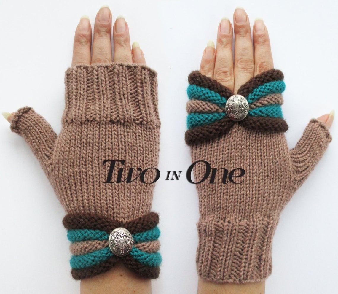 Fingerless Gloves Two in One Beige Fingerless Hand Warmers Light Brown ...