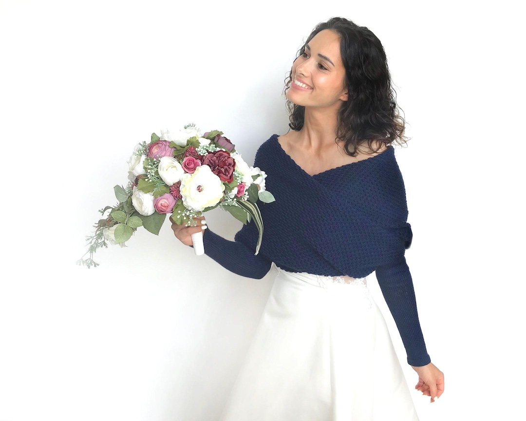 Dark Blue Knit Wedding Shrug: Convertible Bridal Bolero, Scarf With ...