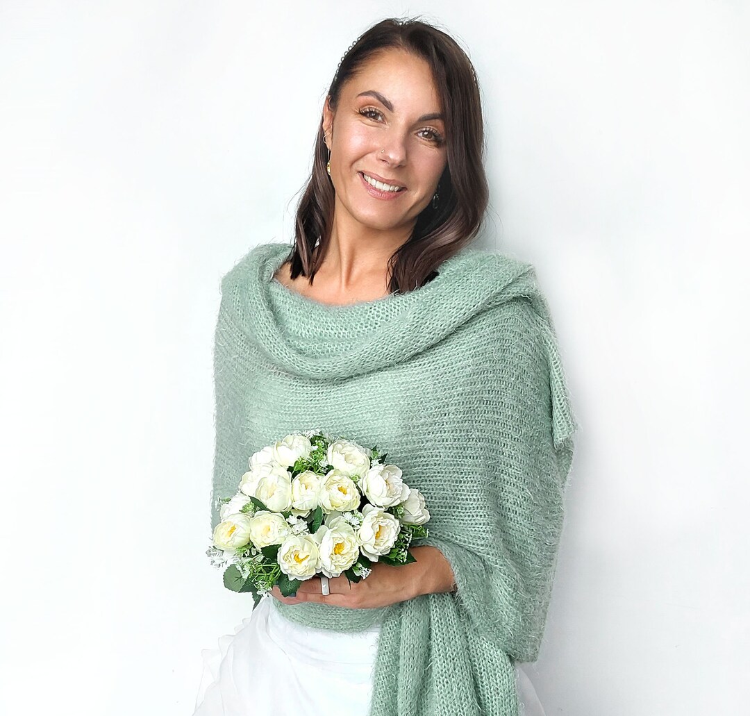 Wedding Shawl Sage Green, Bridal Shawl, Knitted Shawl, Bridal Cover Up ...