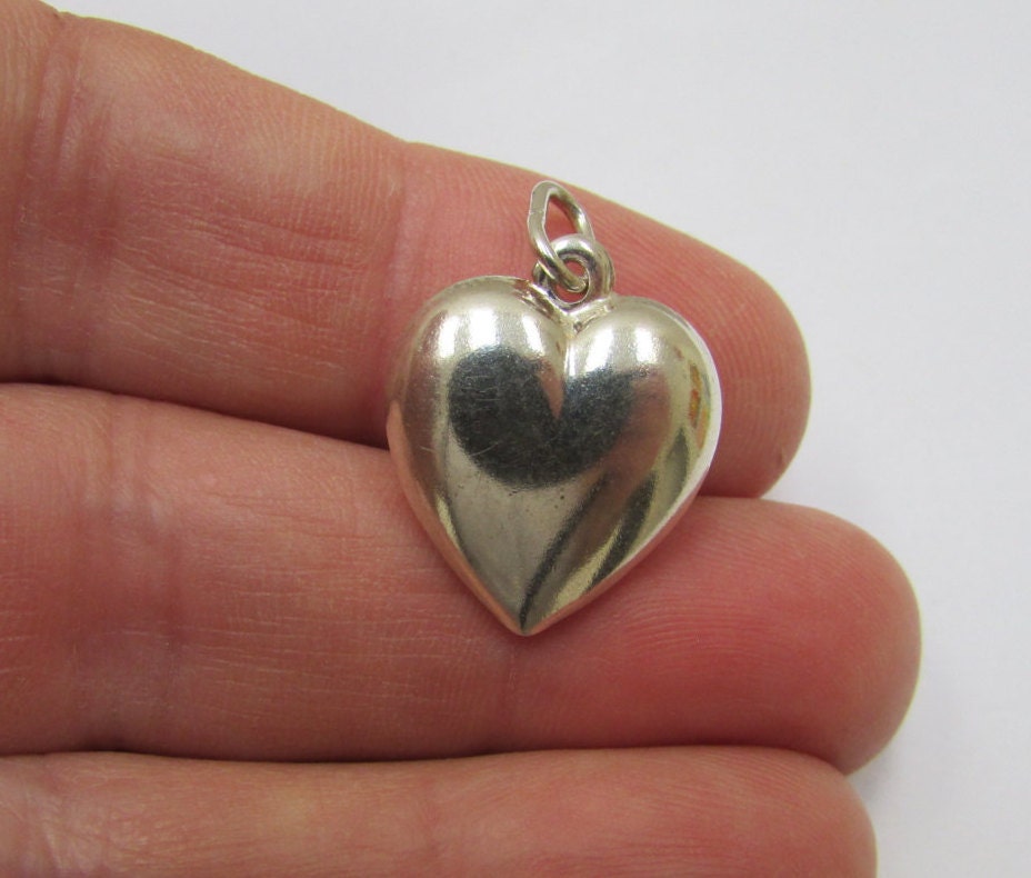 Large Puffed Sterling Silver Heart Pendant, Romantic Silver Heart Charm ...