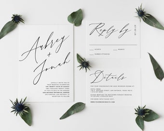 HANNAH Modern Chic Script Wedding Invitation Set Template | Etsy