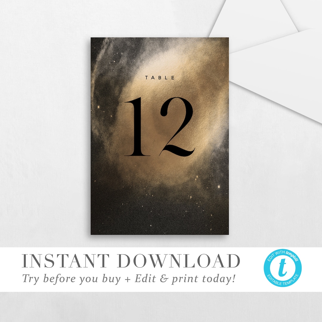 Cosmic Gold Table Numbers Card Template INSTANT DOWNLOAD Faux Gold ...