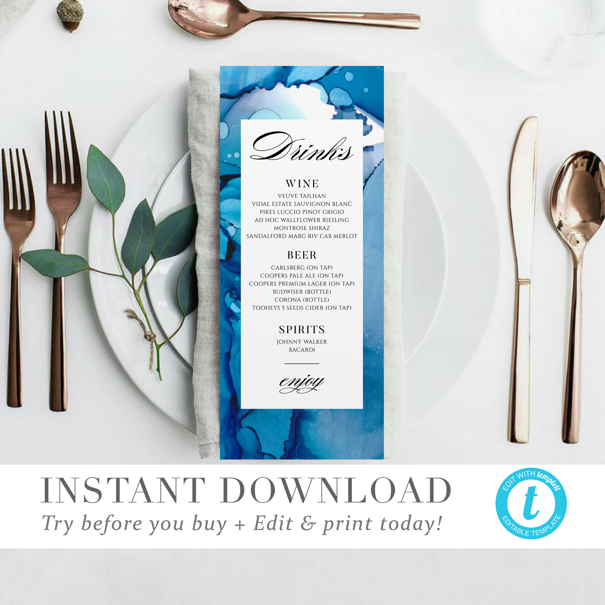 Ethereal Wave Wedding Menu Template INSTANT DOWNLOAD Elegant Modern ...