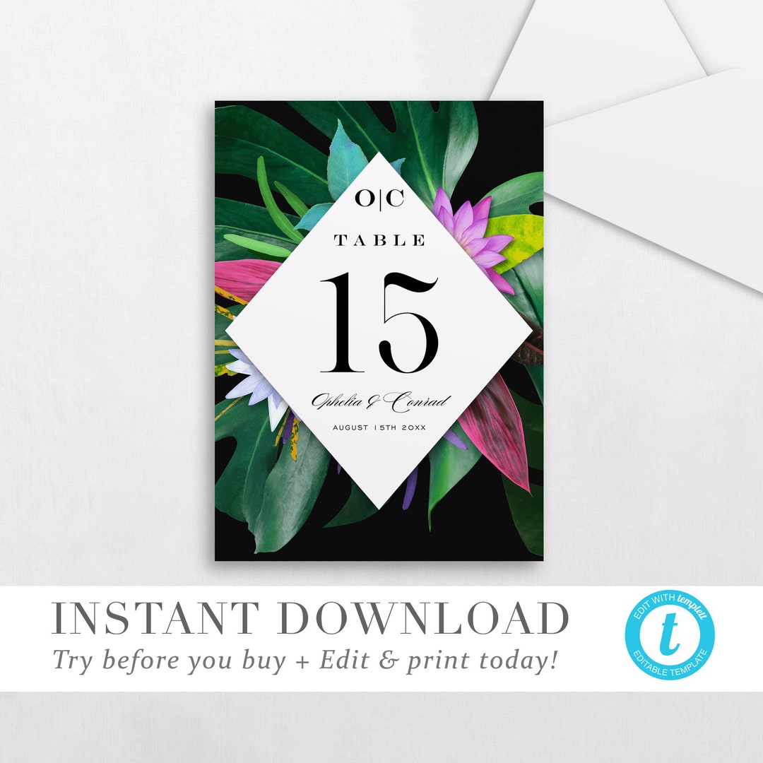 Tropical Jungle Table Numbers Card Template INSTANT DOWNLOAD Wedding ...