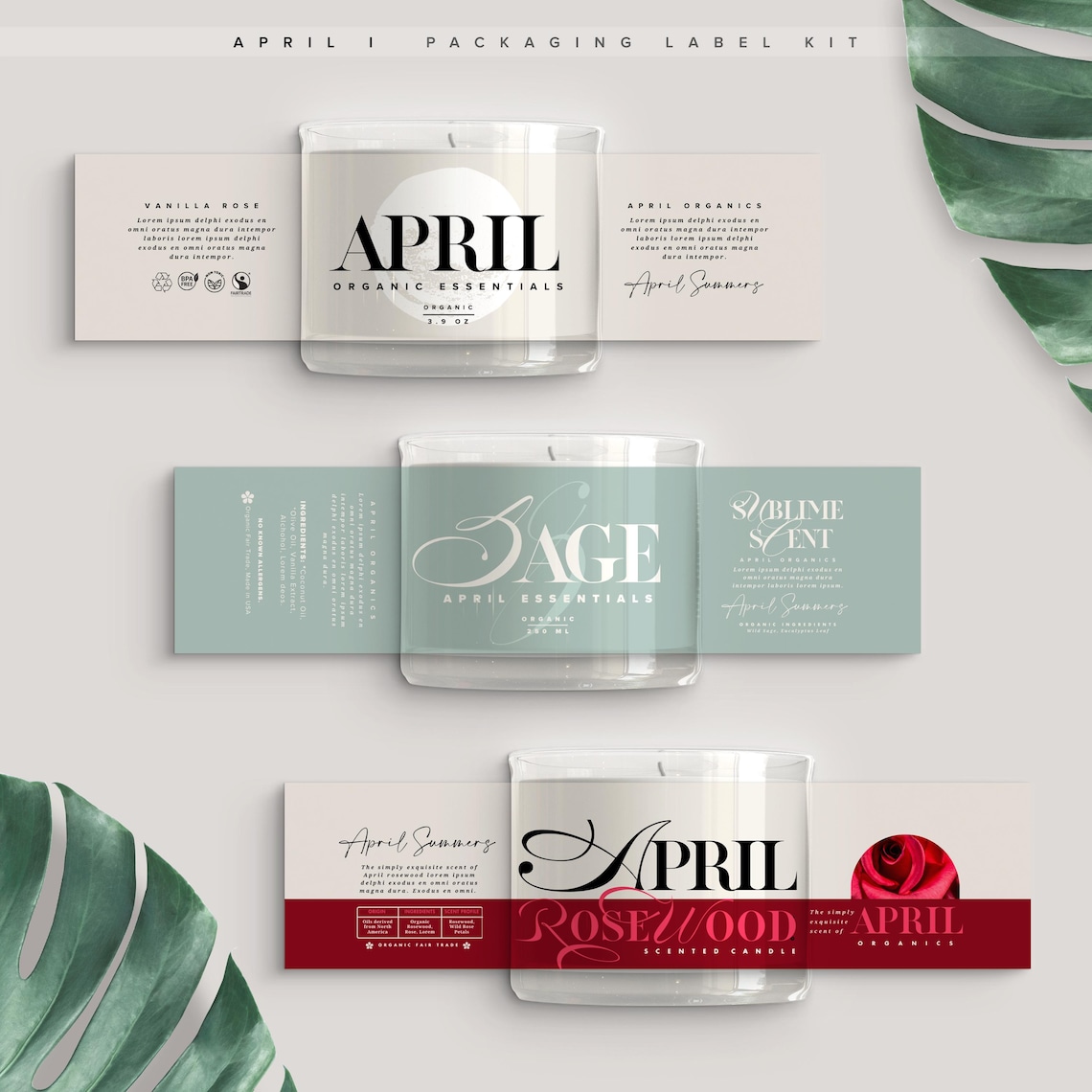 APRIL I Candle Label Branding Kit, CANVA Packaging Label Template Set ...