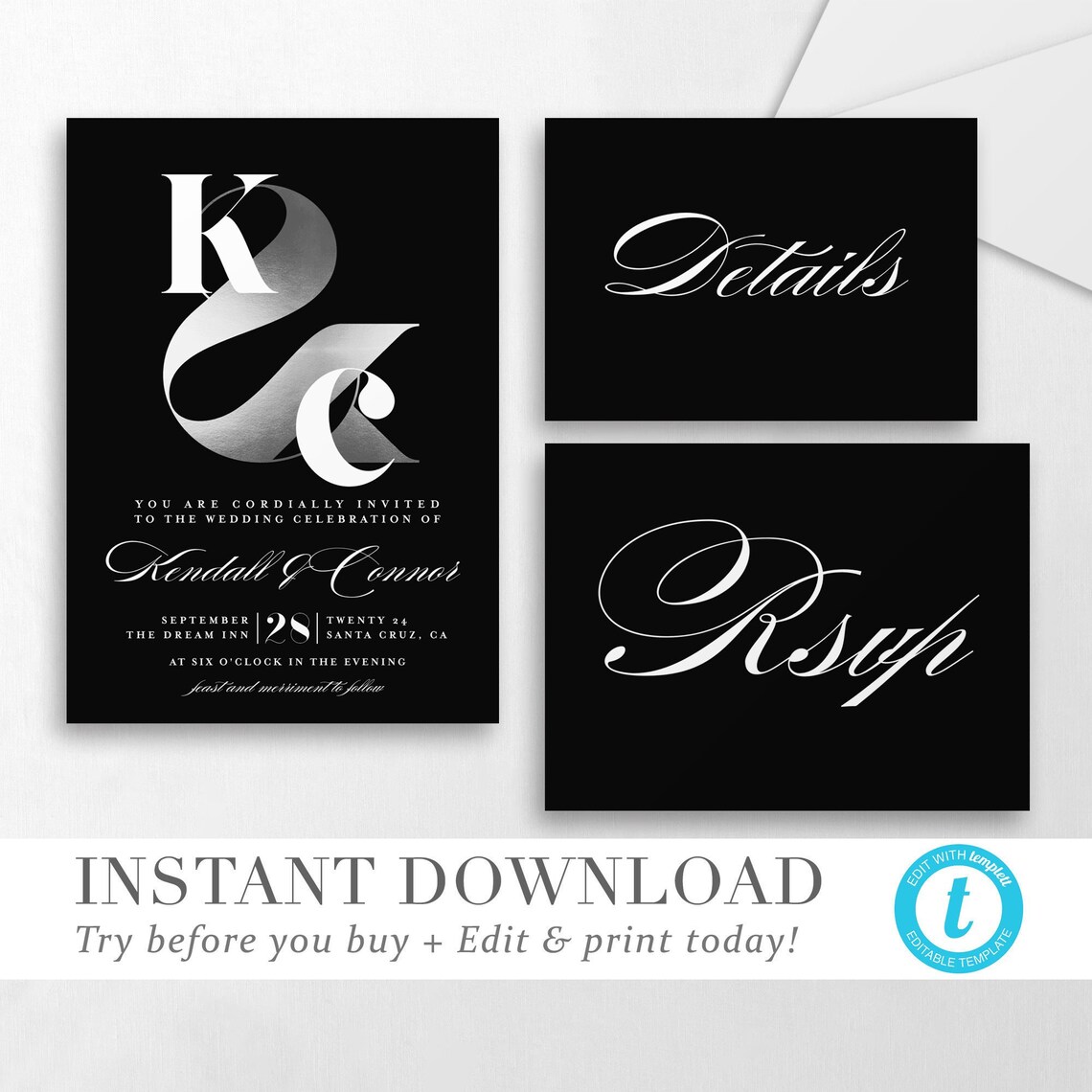 Sheer Elegance Wedding Invitation Template INSTANT DOWNLOAD Modern ...