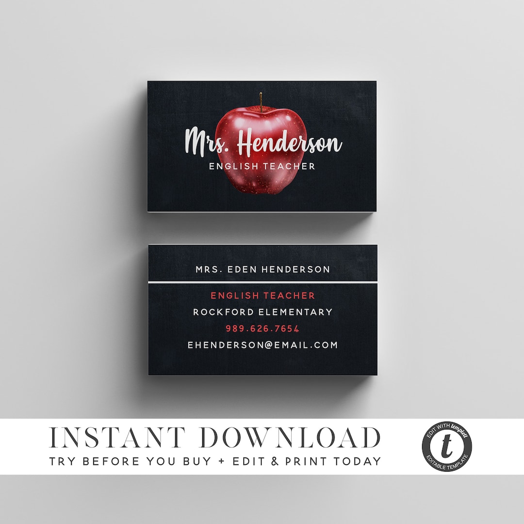Teacher Business Cards, INSTANT DOWNLOAD, Teacher's Apple Editable ...