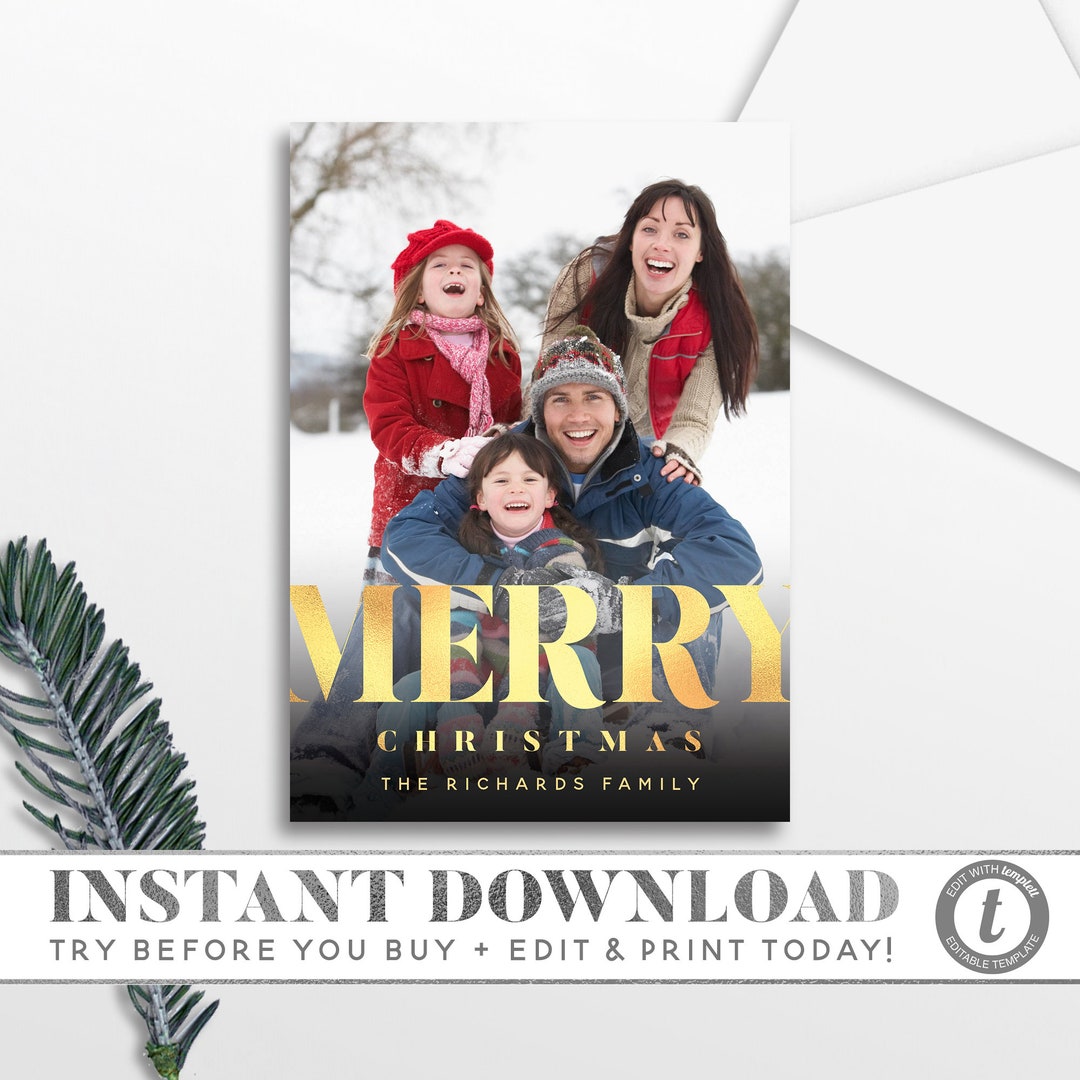 Christmas Photo Cards, INSTANT DOWNLOAD, MERRY Christmas Faux Foil ...