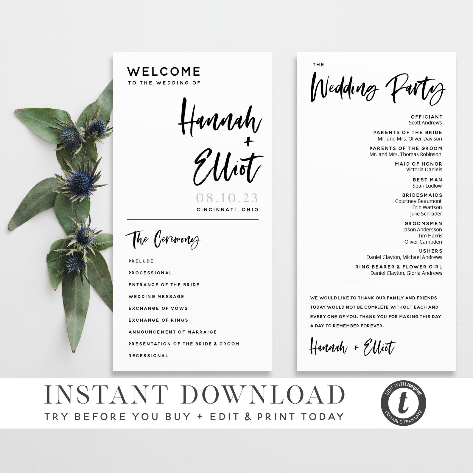 HANNAH Modern Script Wedding Program Template INSTANT DOWNLOAD - Etsy