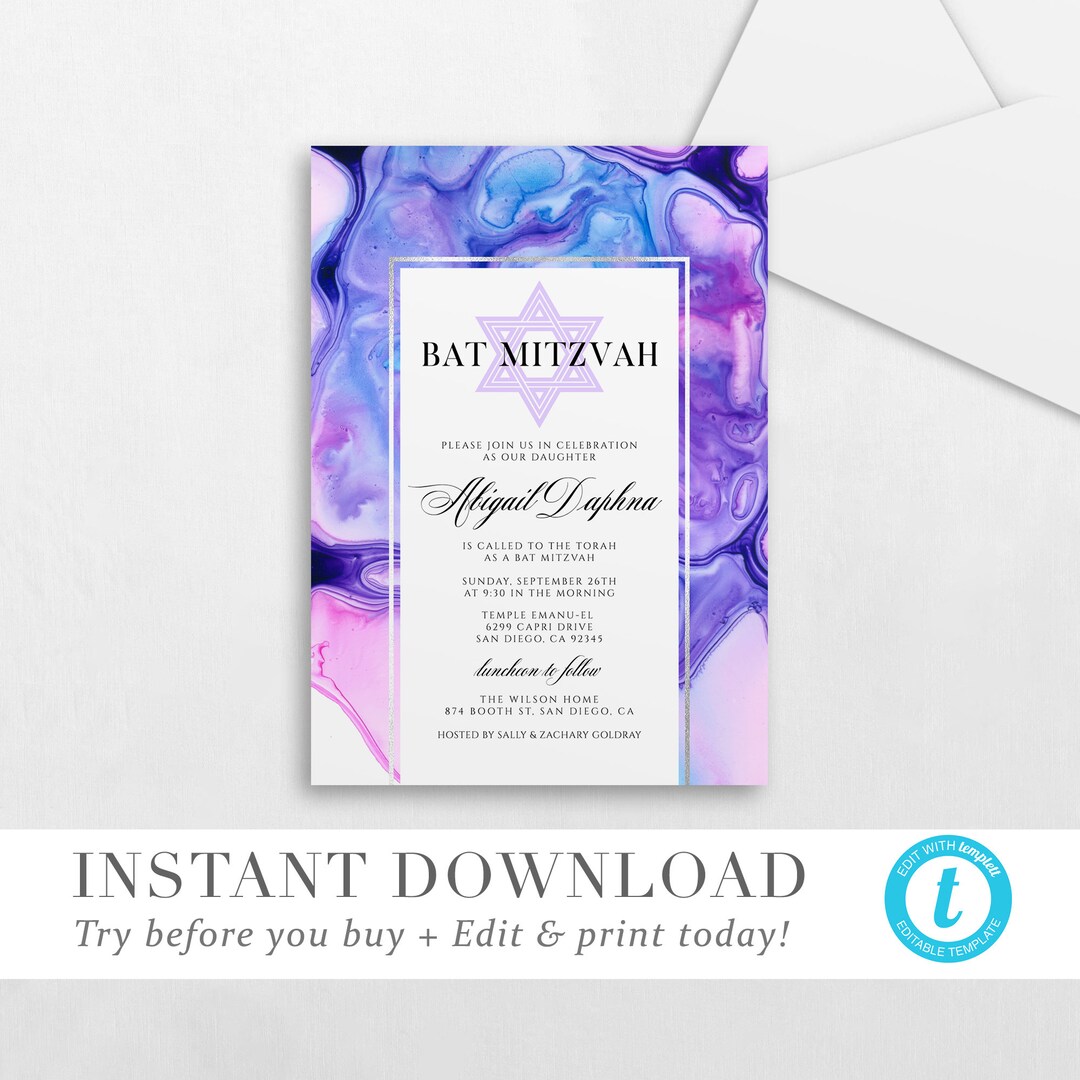 Ethereal Wave Bat Mitzvah Invitation, Printable Bat Mitzvah Invitation ...
