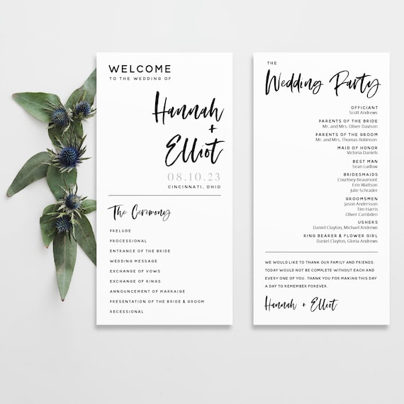 HANNAH Modern Script Wedding Program Template INSTANT DOWNLOAD | Etsy