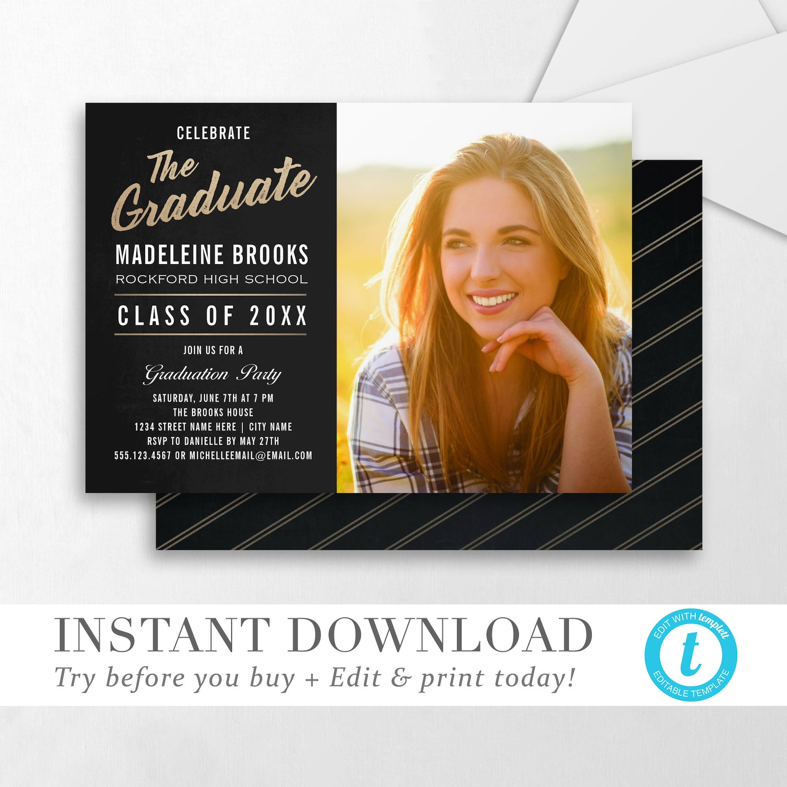 GRADUATION ANNOUNCEMENT TEMPLATE, 2 Versions, Instant Download, Girls ...