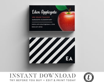 Teacher Business Cards INSTANT DOWNLOAD Teacher's Apple | Etsy