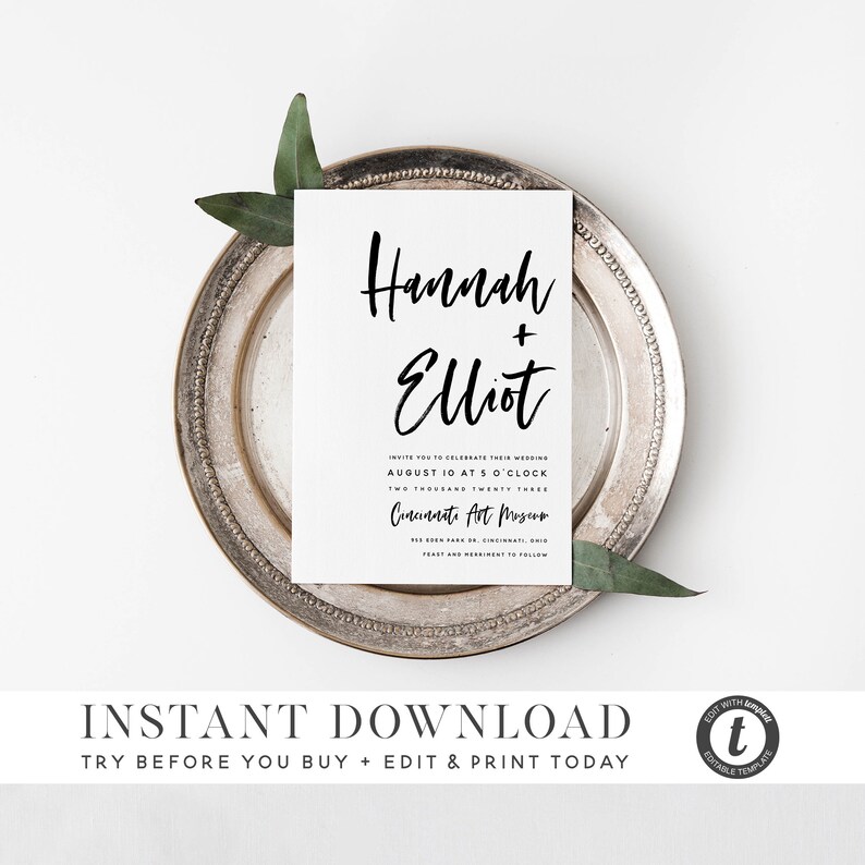 HANNAH Modern Chic Script Wedding Invitation Set Template | Etsy