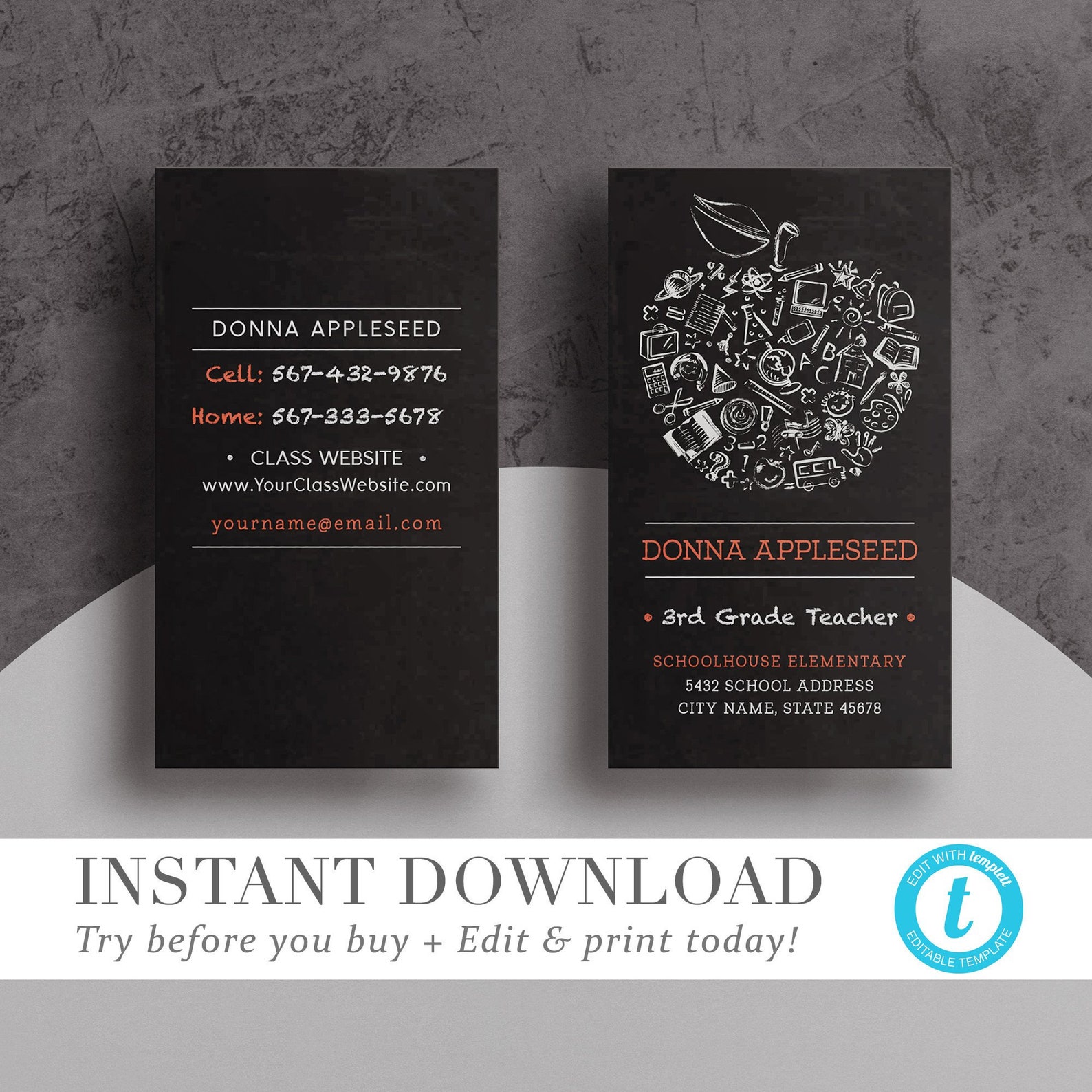 Teacher Business Cards INSTANT DOWNLOAD Teacher's Apple - Etsy