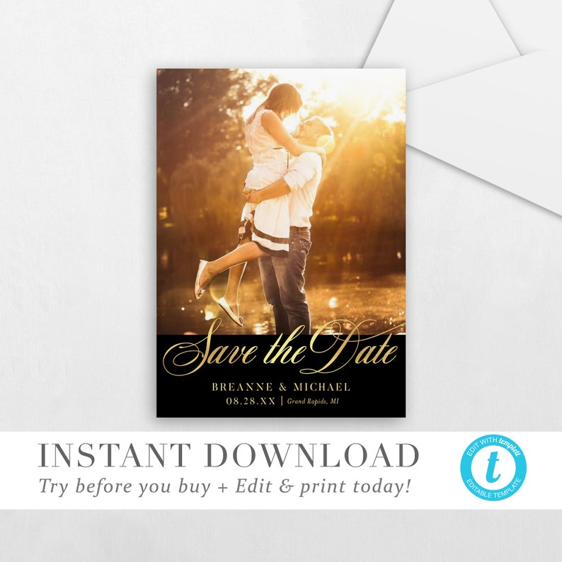 Save the Date Template, INSTANT DOWNLOAD, Faux Gold Foil, DIY Editable ...