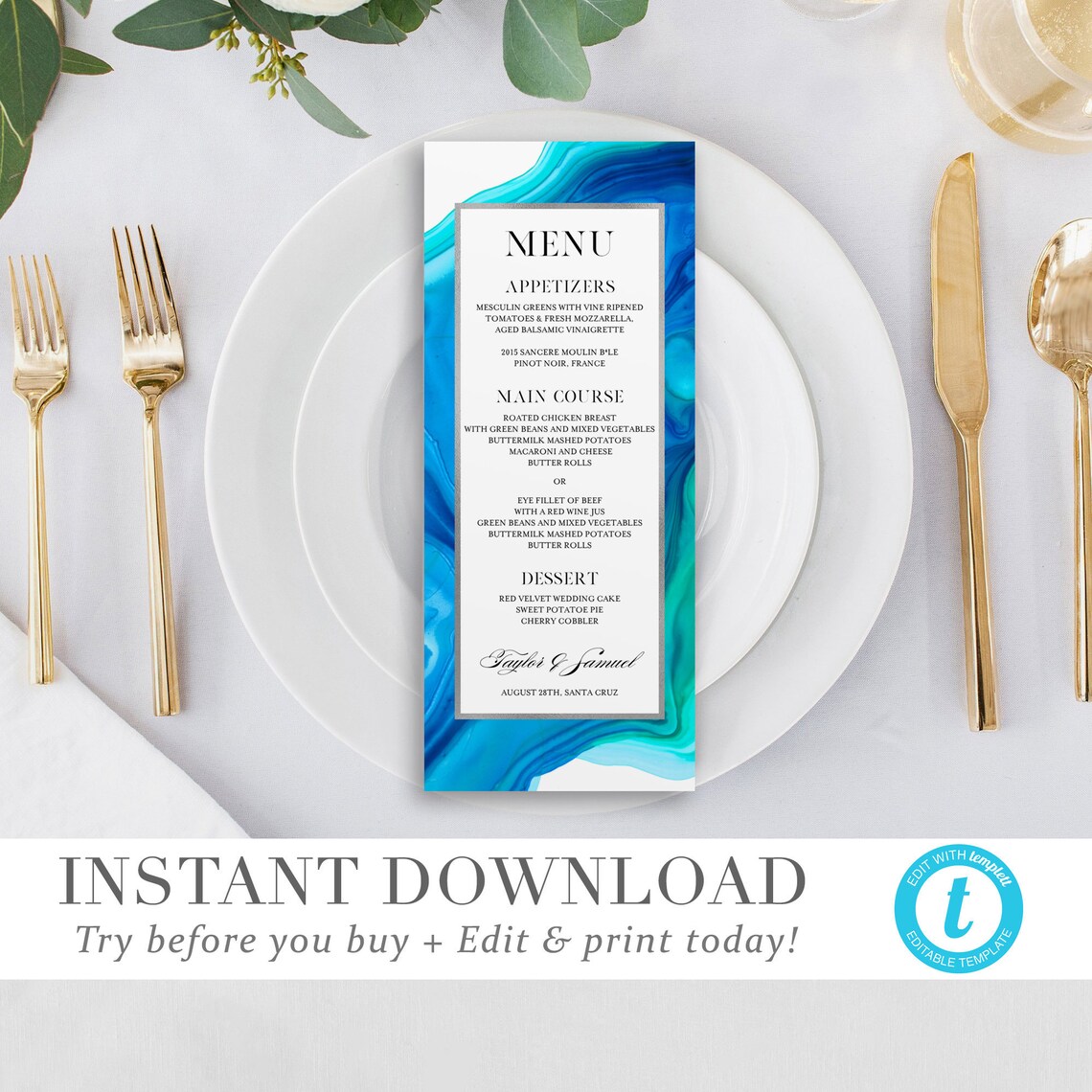 Ethereal Wave Wedding Menu Template INSTANT DOWNLOAD Elegant | Etsy