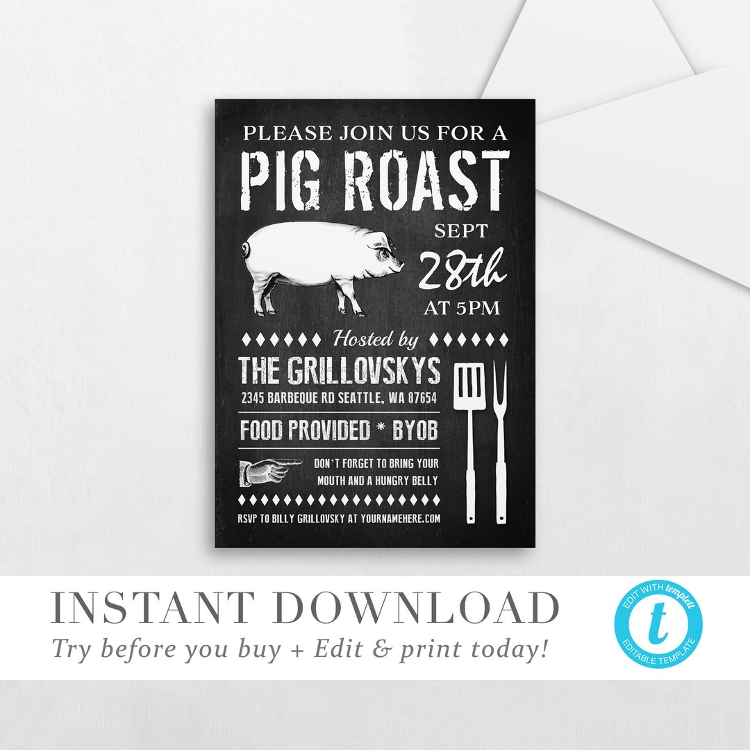 Pig Roast Invitation | Printable Editable Pig Roast Invitation Templett ...