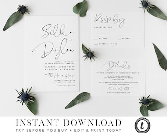HANNAH Modern Chic Script Wedding Invitation Set Template | Etsy