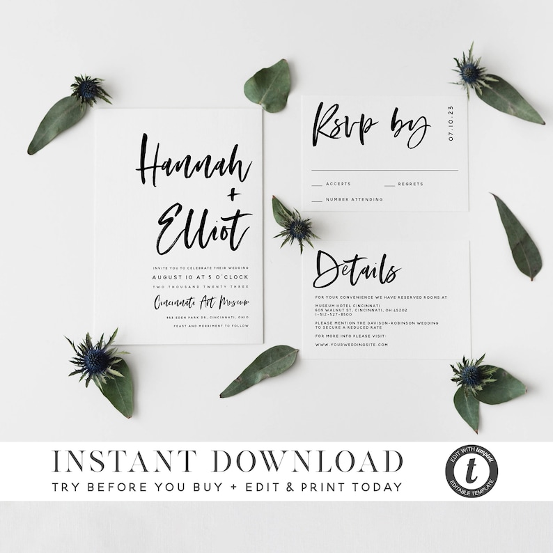 HANNAH Modern Chic Script Wedding Invitation Set Template | Etsy