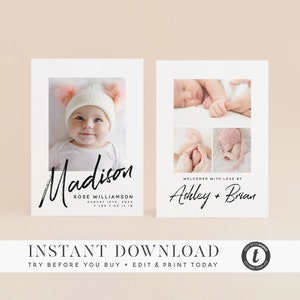 Modern Chic Cursive Birth Announcement Template Baby Birth | Etsy