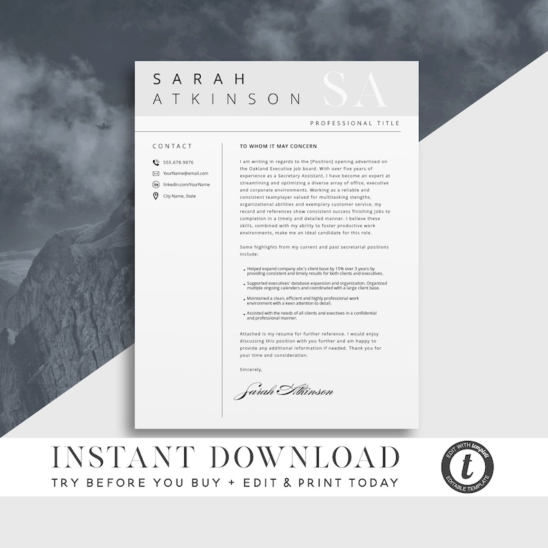 Resume Template, INSTANT DOWNLOAD, 3-page Professional Resume CV Design ...