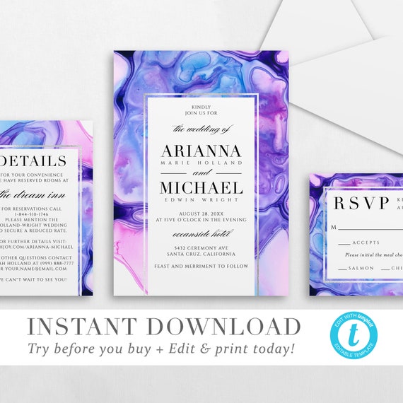 Ethereal Wave Wedding Invitation Template Set Instant | Etsy