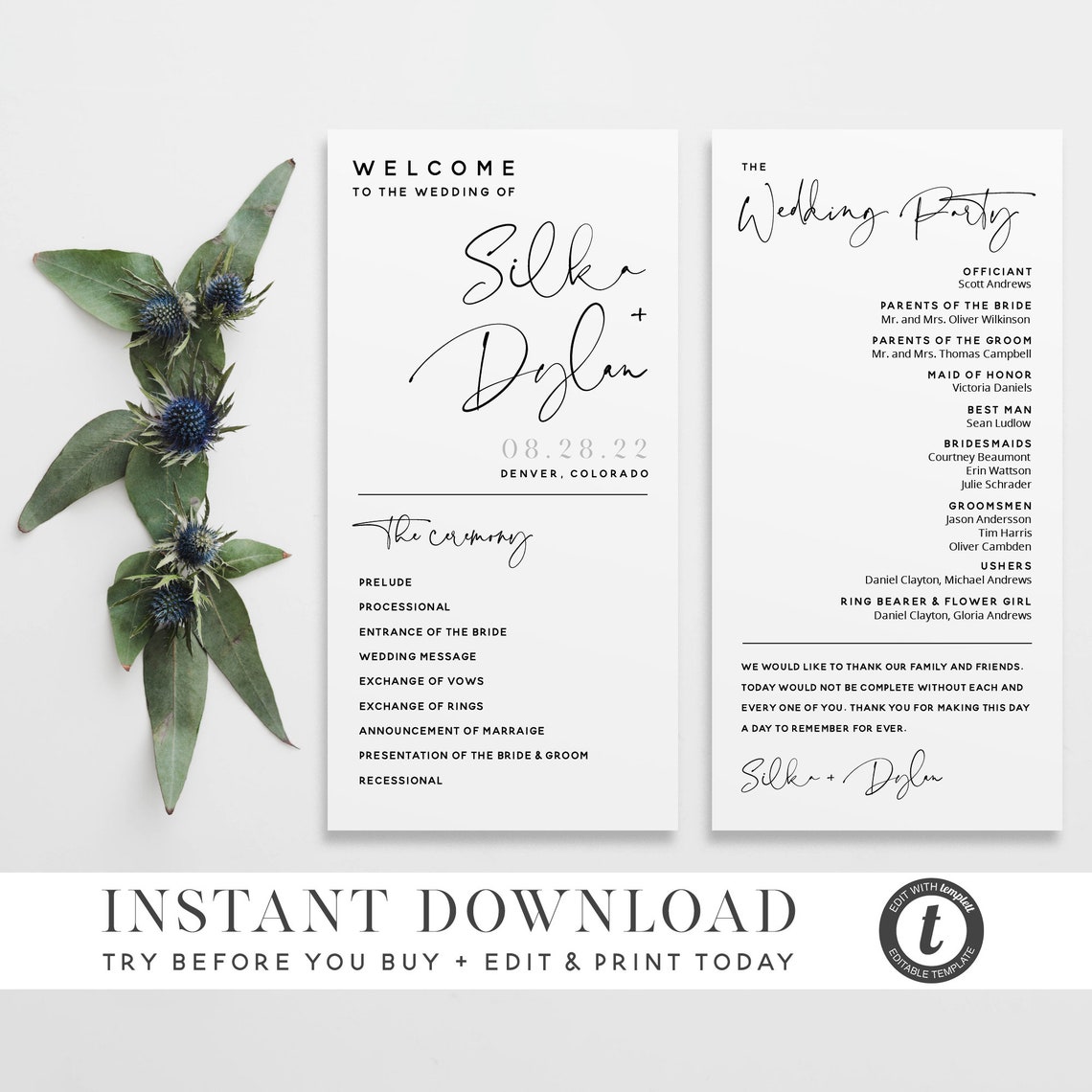 SILKA Modern Chic Script Wedding Program Template INSTANT - Etsy