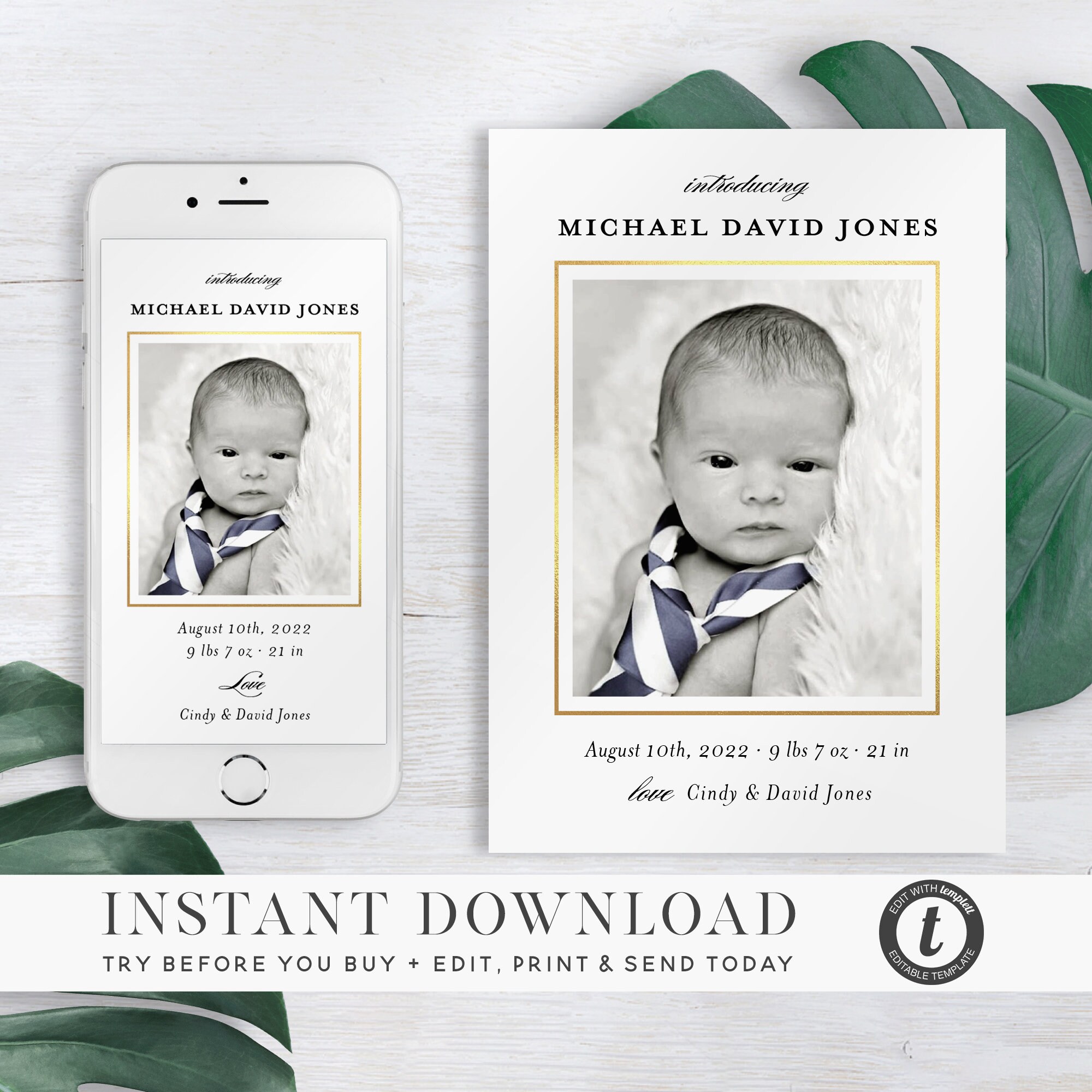 Birth Announcement Photo Card Template INSTANT DOWNLOAD Gold | Etsy
